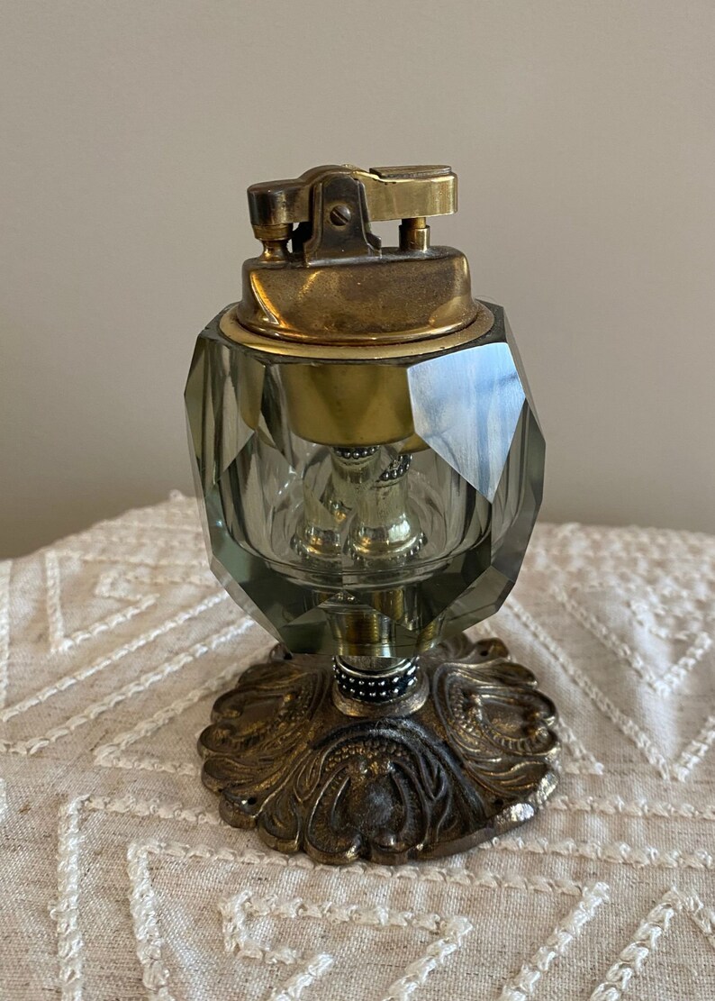 Vintage Smoked Glass Table Lighter With Brass Base Medium - Etsy