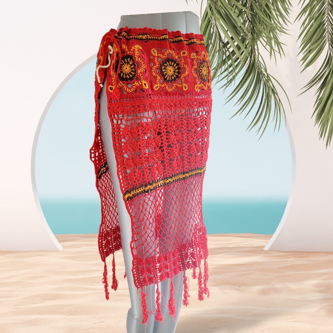 Transparent Boho Sarong Red Yellow and Brown With Crochet Fringes Lace ...