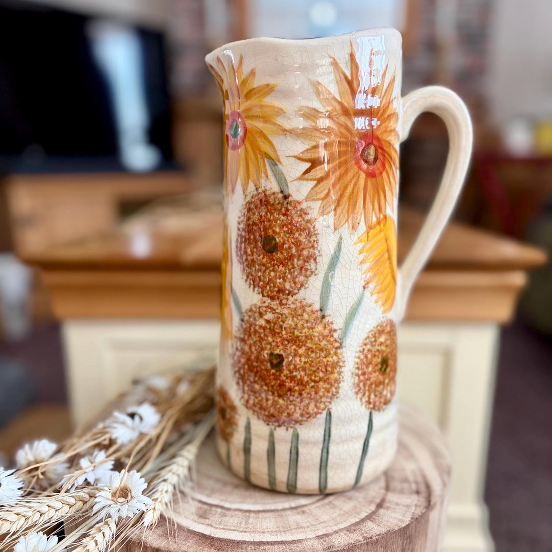 Ceramic Sunflower Jug Vase - Tall Wavy Stoneware Jug - Rustic Country ...