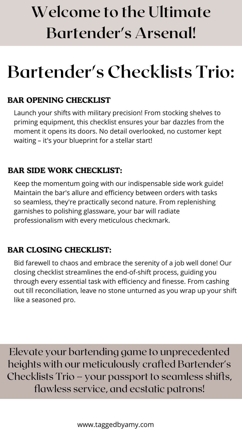Bar Opening Checklist, Side Work, and Closing Procedures Efficiency Guide, Bartender Organizer ...