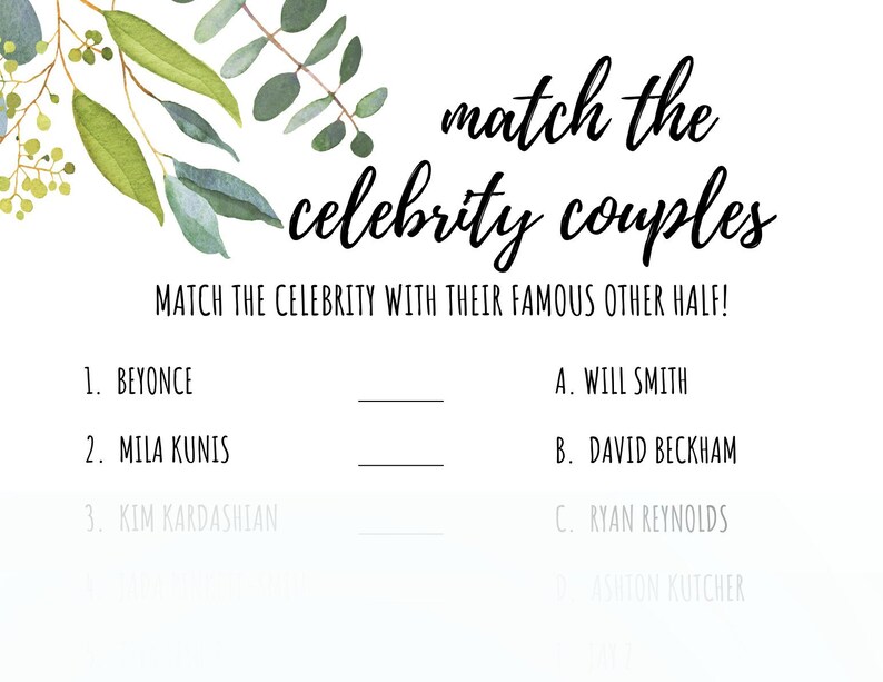 Match the Celebrity Couples - Bridal Shower Game - Etsy