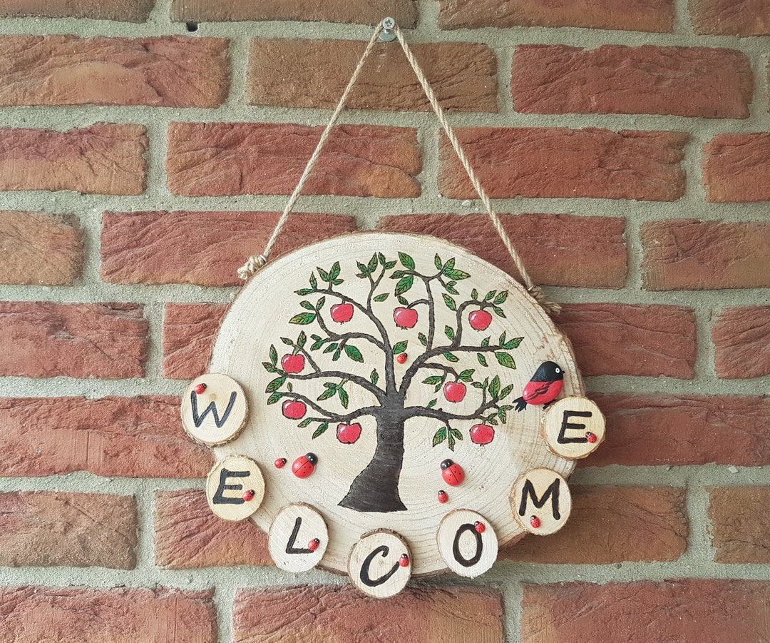 Wall Decoration With Pyrography Hand-painted Tree Disc welcome Garden ...