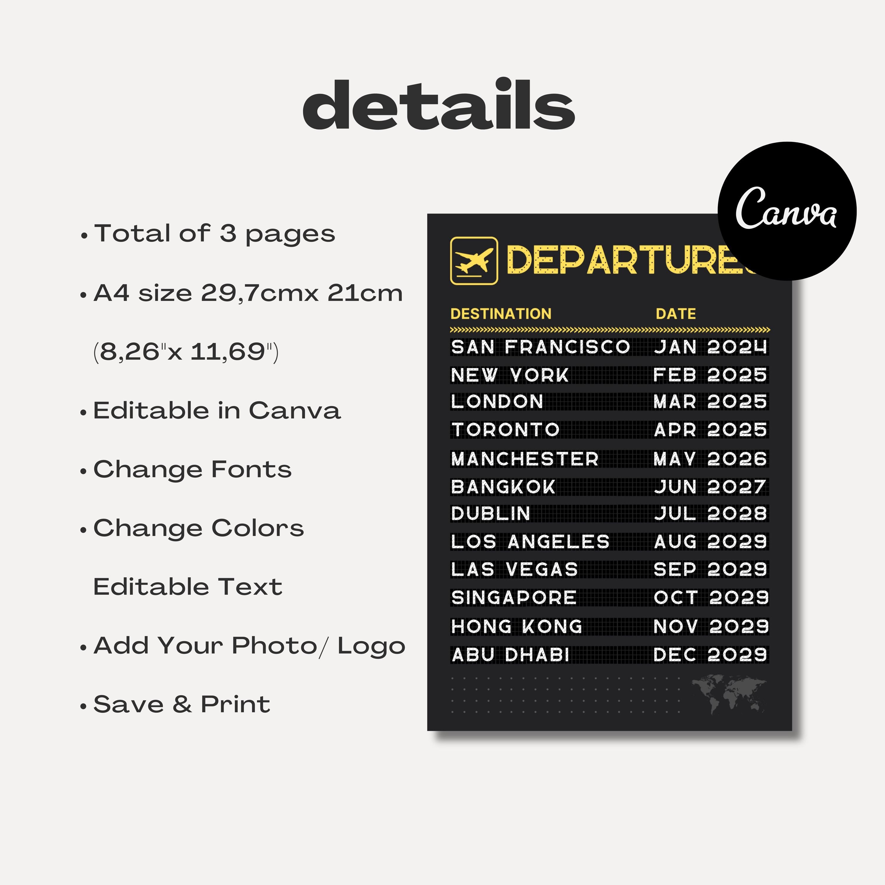 Airport Departure Board Template, Travel Poster, Pilot Gift, Aviation ...