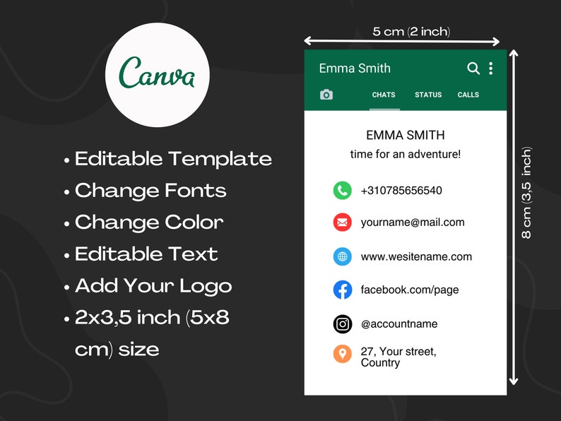 Business Card Whatsapp Template, Whatsapp Style, Editable in Canva - Etsy