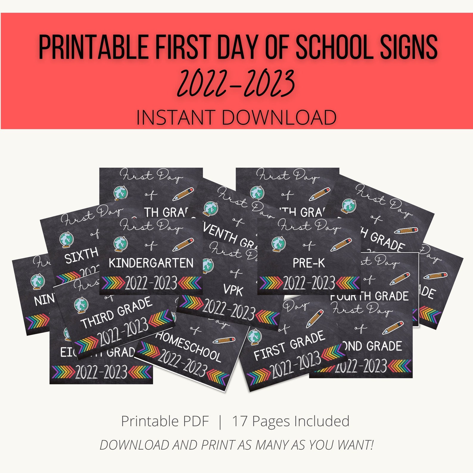 First Day of School Printable Signs, INSTANT DOWNLOAD, Printable Back ...