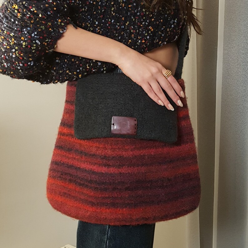 Large Felted Wool Crochet Messenger Bag, Mixed Color Tote - Etsy