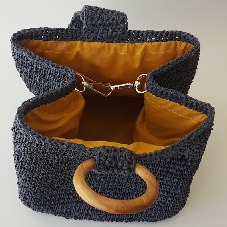 Square Crochet Handbag, Paper Yarn Handbag, Dark Navy Straw Bag, Square ...