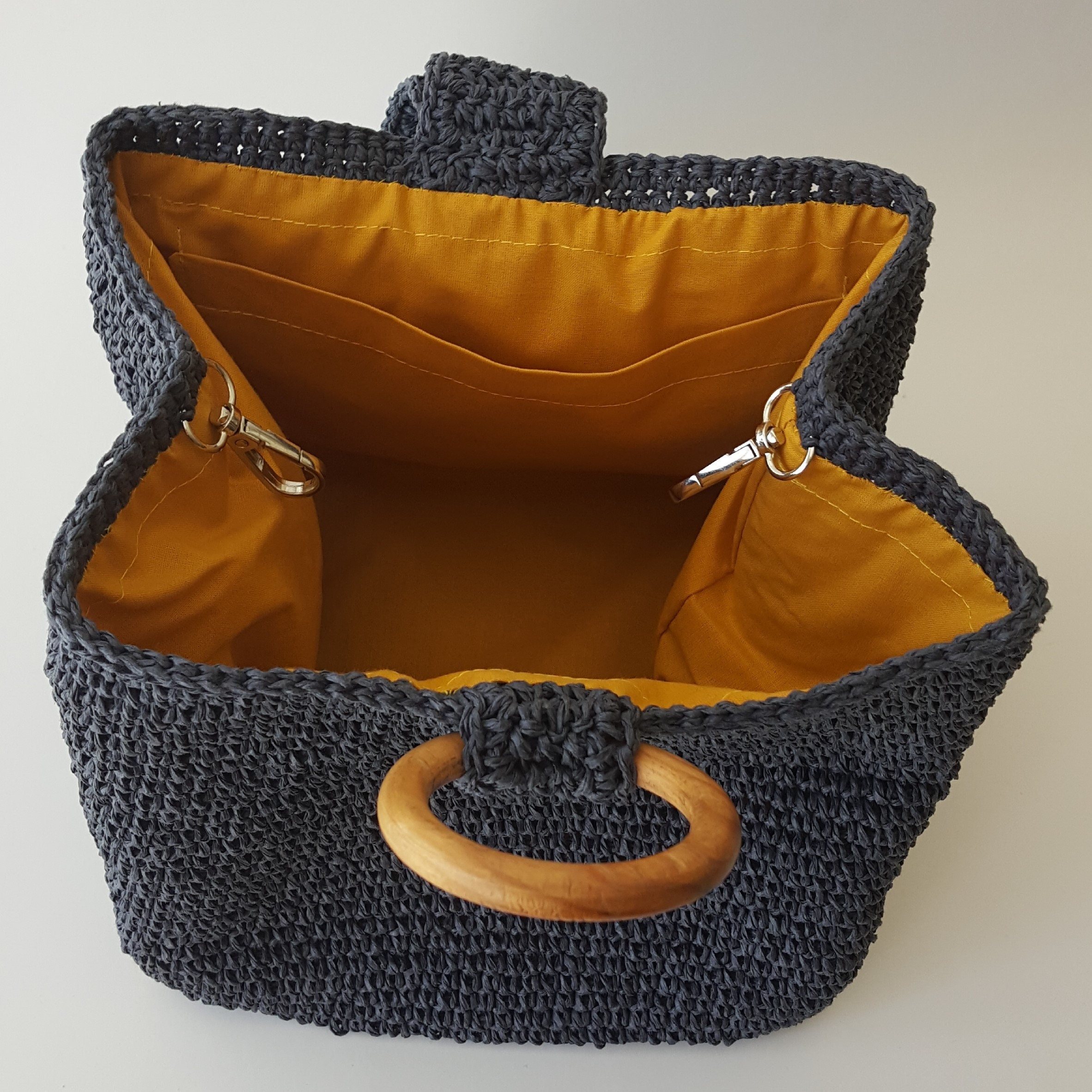 Square Crochet Handbag, Paper Yarn Handbag, Dark Navy Straw Bag, Square ...