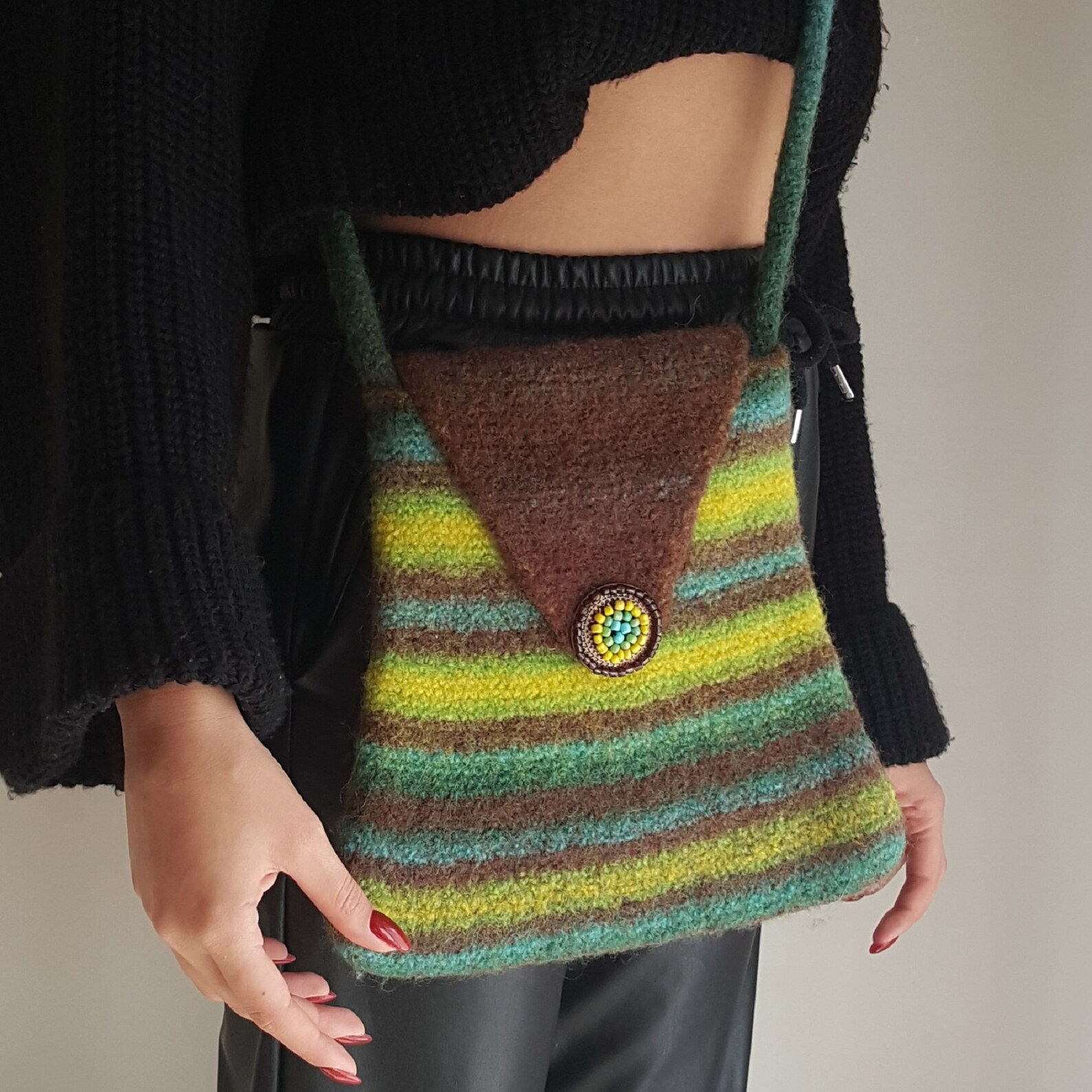 Felted Multi-color Crochet Bag, Crossbody Messenger Bag, 100% Wool ...