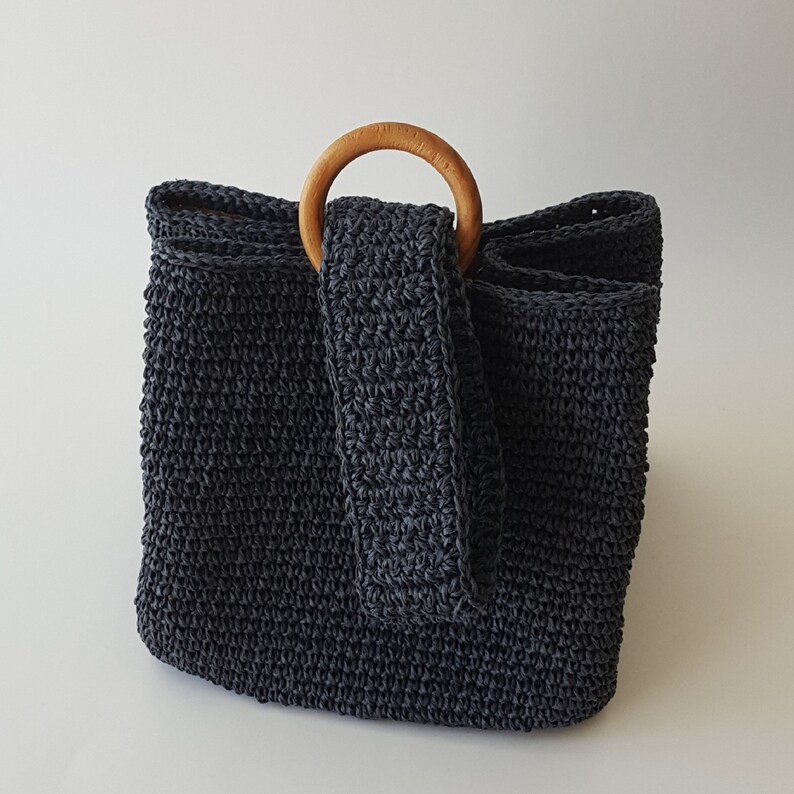 Square Crochet Handbag, Paper Yarn Handbag, Dark Navy Straw Bag, Square ...