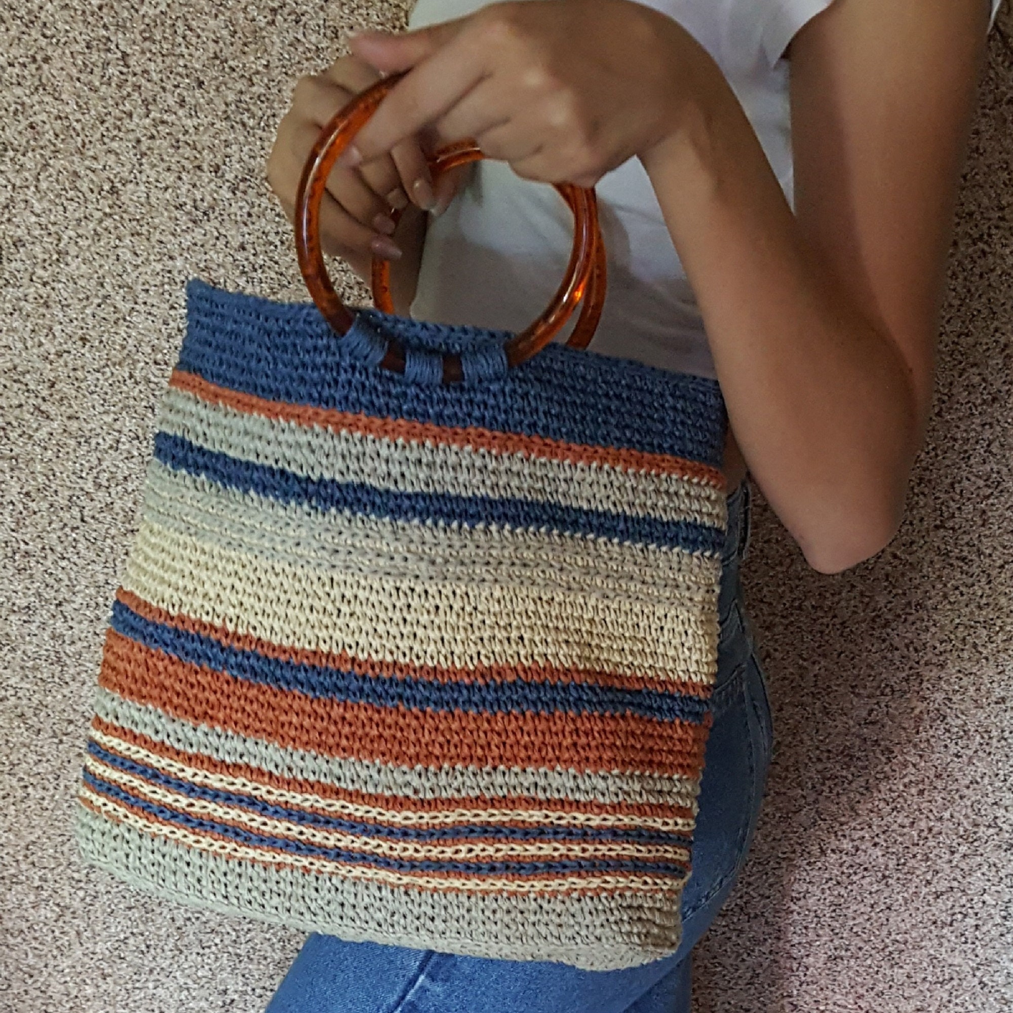 Striped Crochet Bag Tote Bag Made W/paper Yarn Straw - Etsy