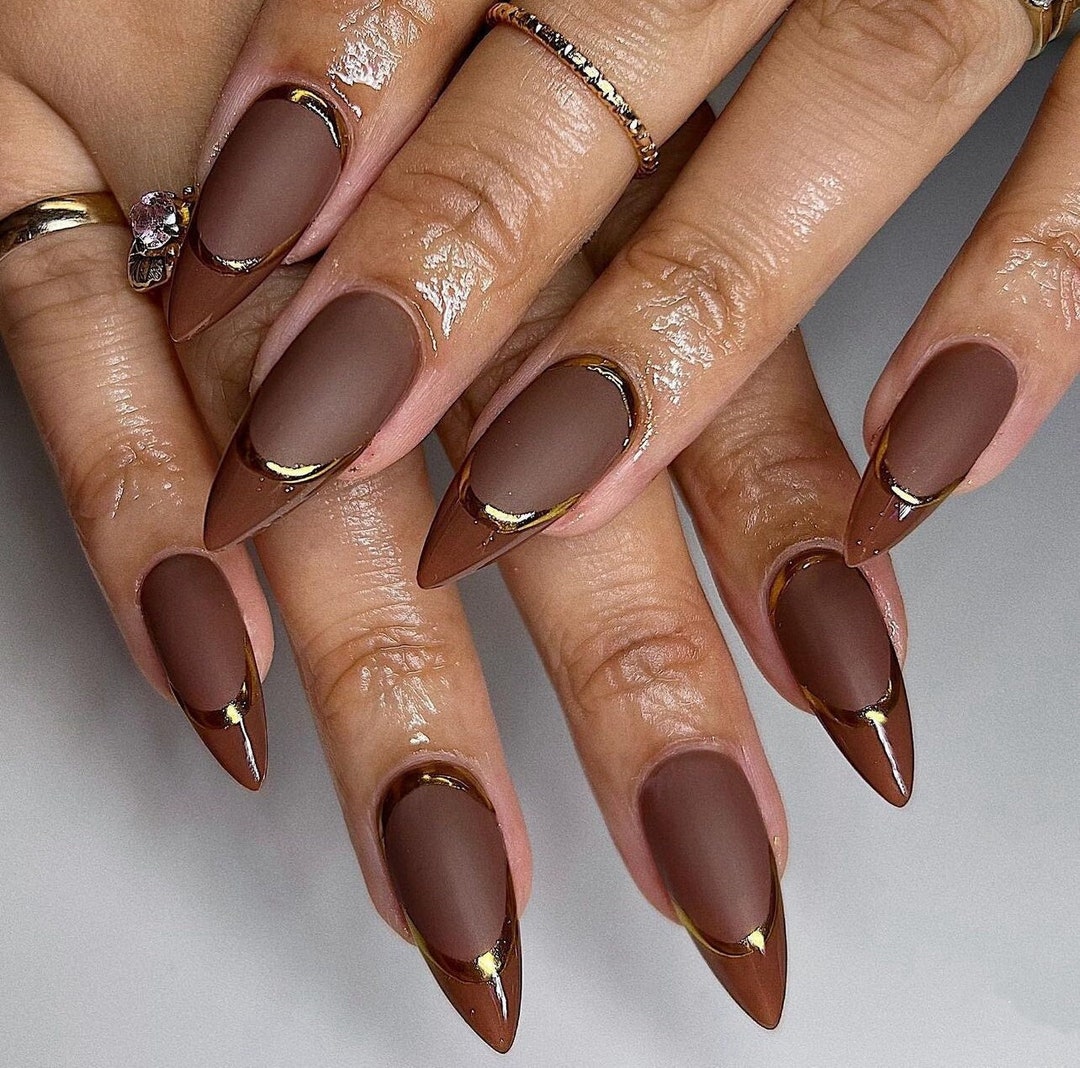 Golden Brown Almond Nails /japanese Nails /custom Press on - Etsy