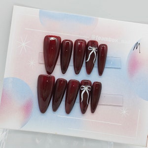Claret Bowknot Hand Painted Nails /japanese Nails /custom Press on ...