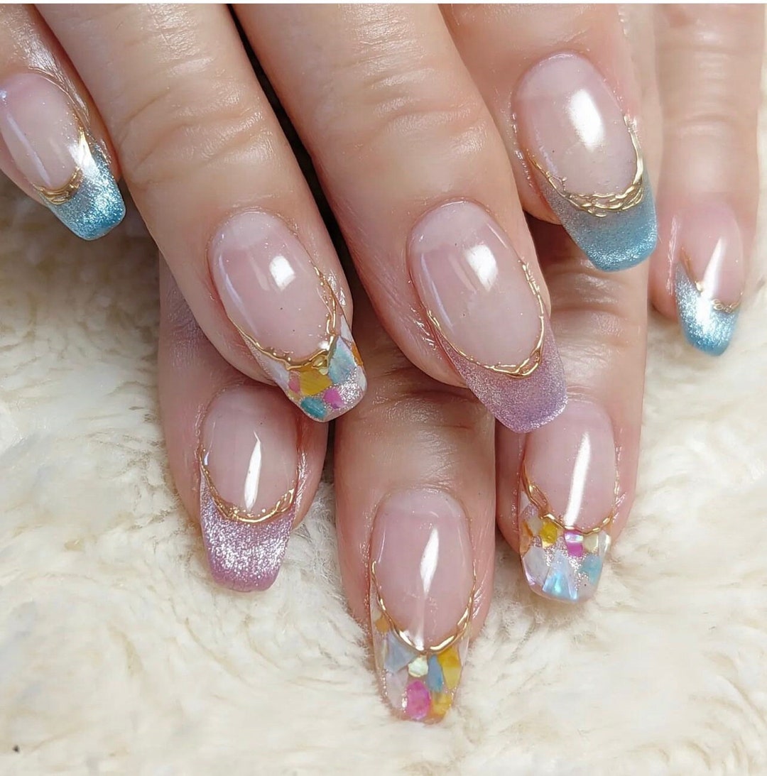 Rainbow Cateye French Crystal Nails /custom Press on Nails/ Hand Made ...