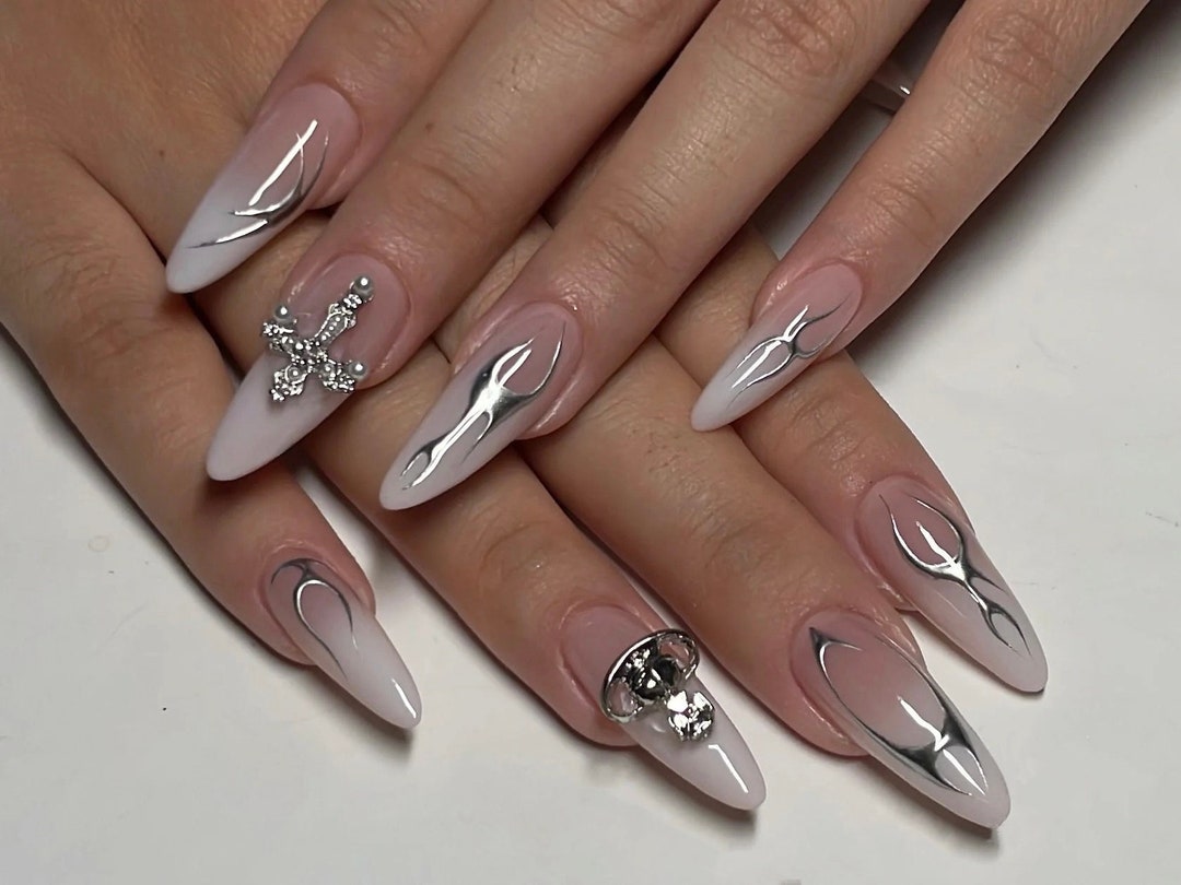 Ombre White Saturn Crystal Hand Painted Nails /y2k Nails /custom Press ...