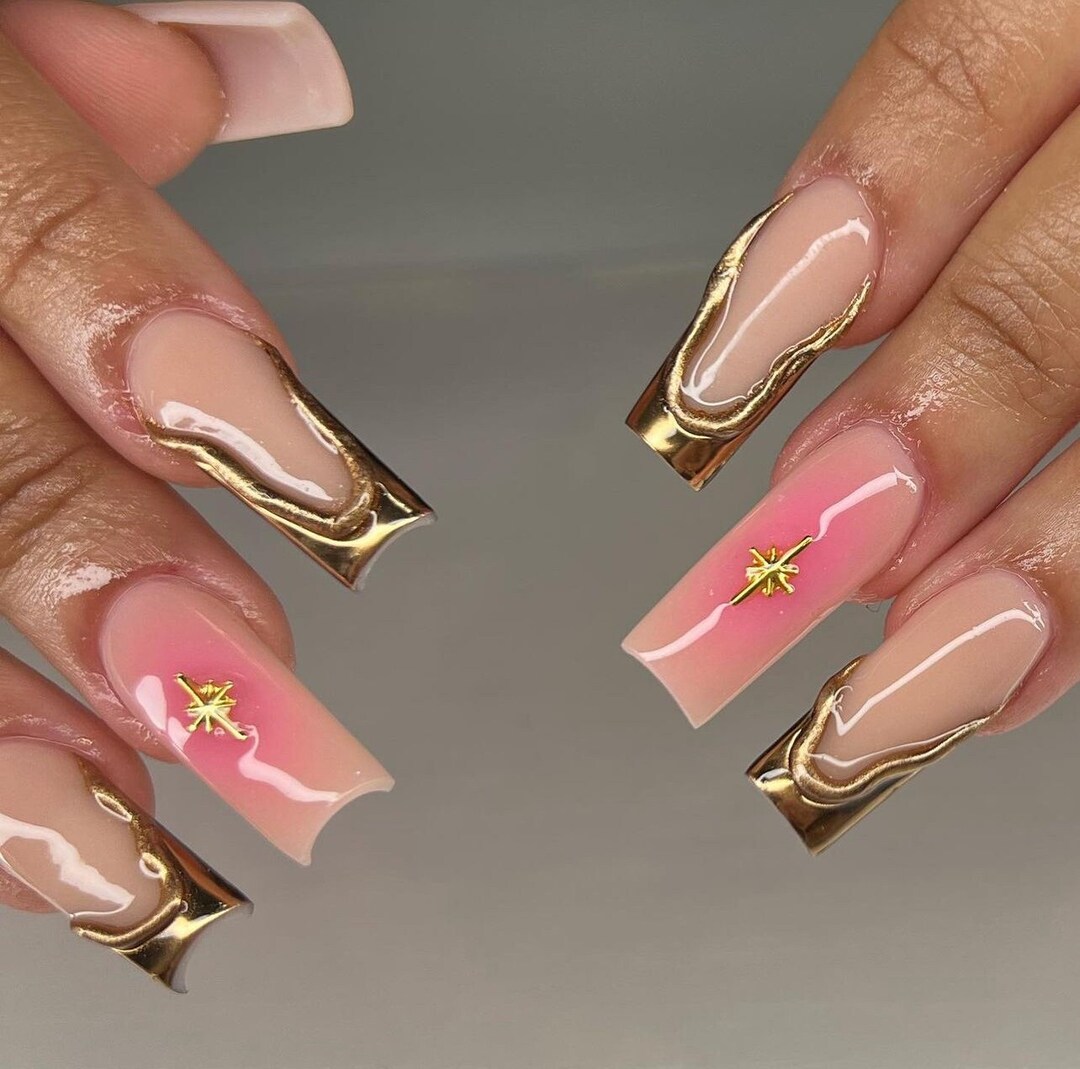 Golden Pink Star Nails/ Hand Made Press on Nails/ Argylefake Nails ...