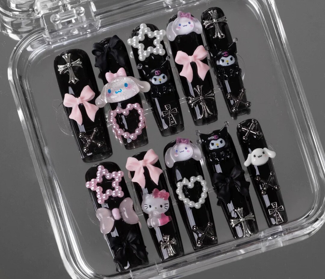 Y2k Black Pink Kitty Nails /japanese Nails /custom Press on Nails ...