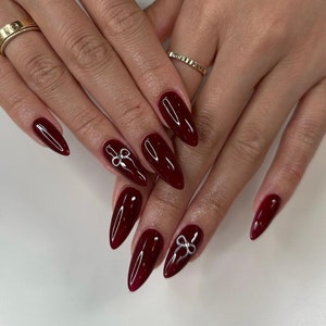 Claret Bowknot Hand Painted Nails /japanese Nails /custom Press on ...