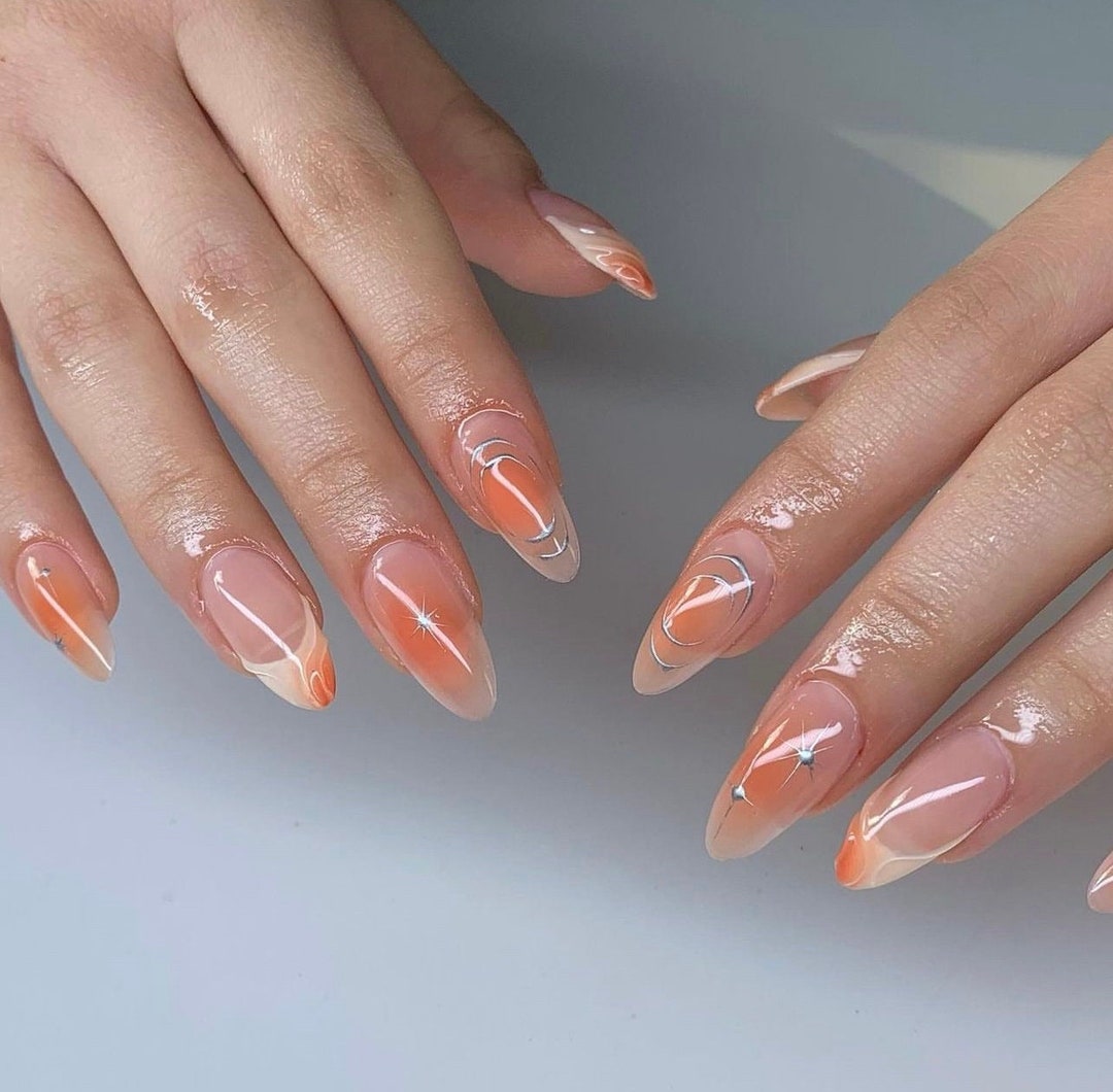 Ombre Orange Silver Star Nails /y2k Nails /custom Press on Nails/ Hand ...
