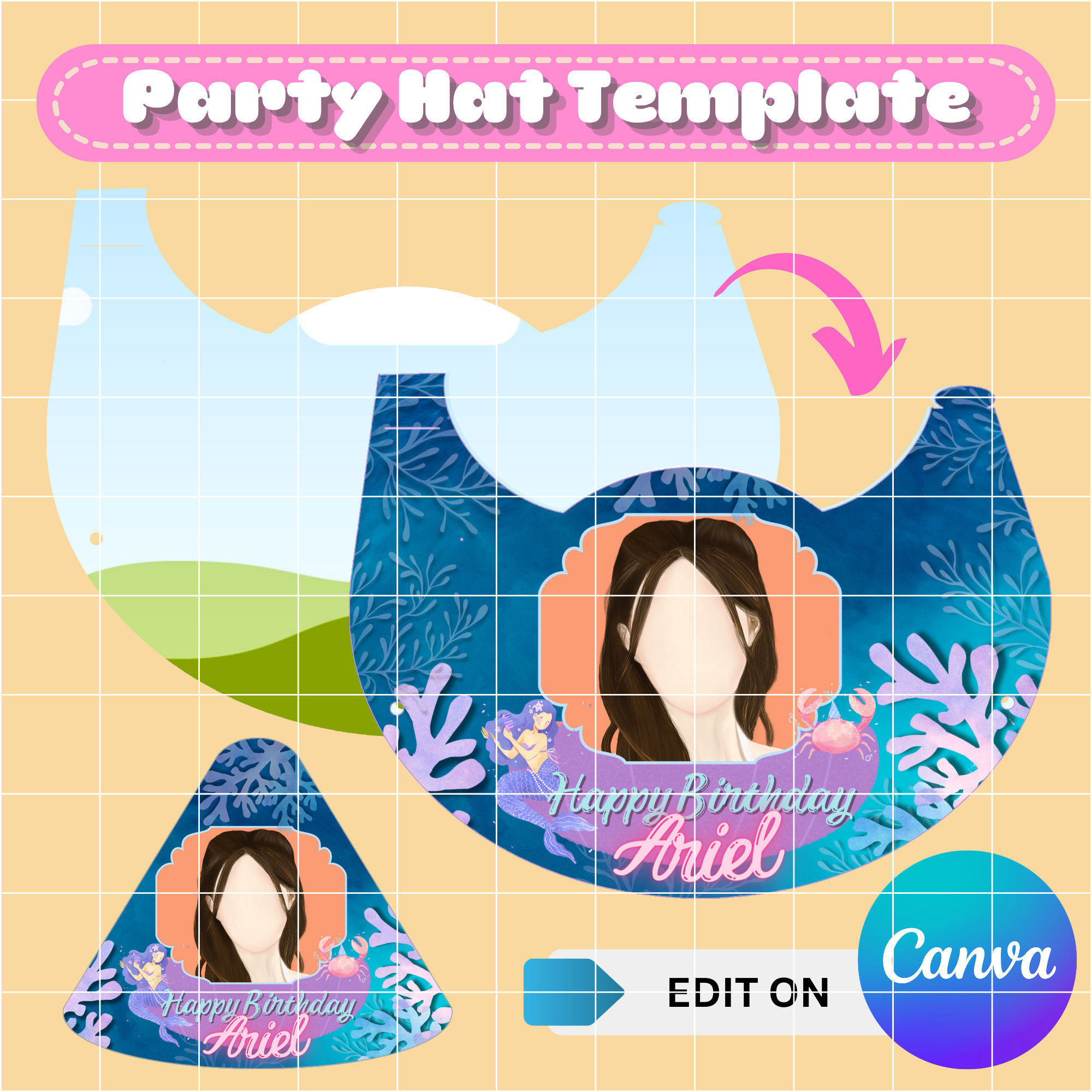 Party Hat Editable Canva Template, Ocean, Mermaid Themed-party Hat, Canva Template, Party Needs ...
