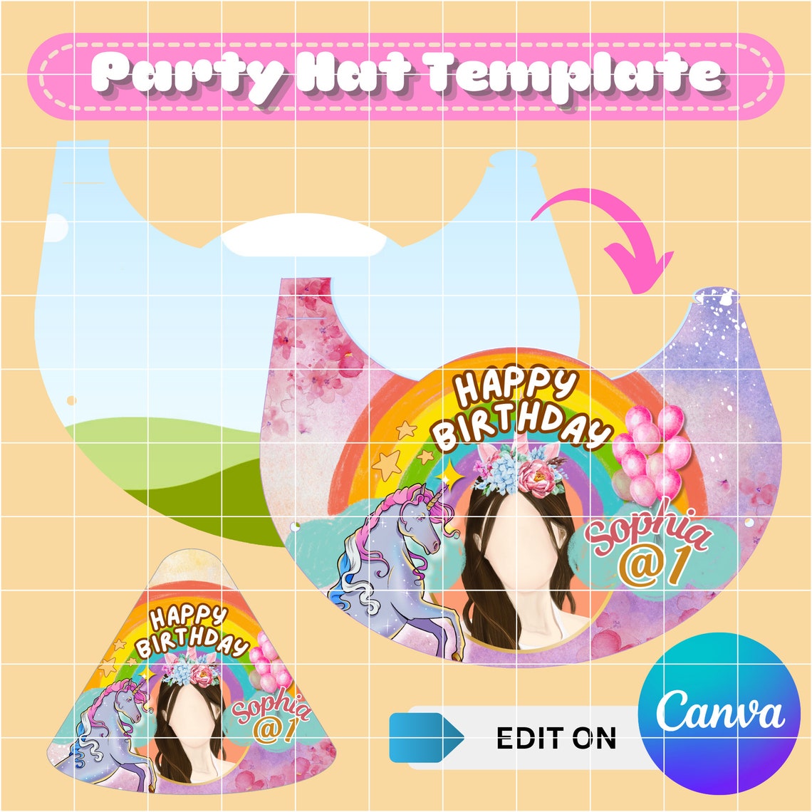 Rainbow Unicorn-themed Party Hat Editable Canva Template - Etsy
