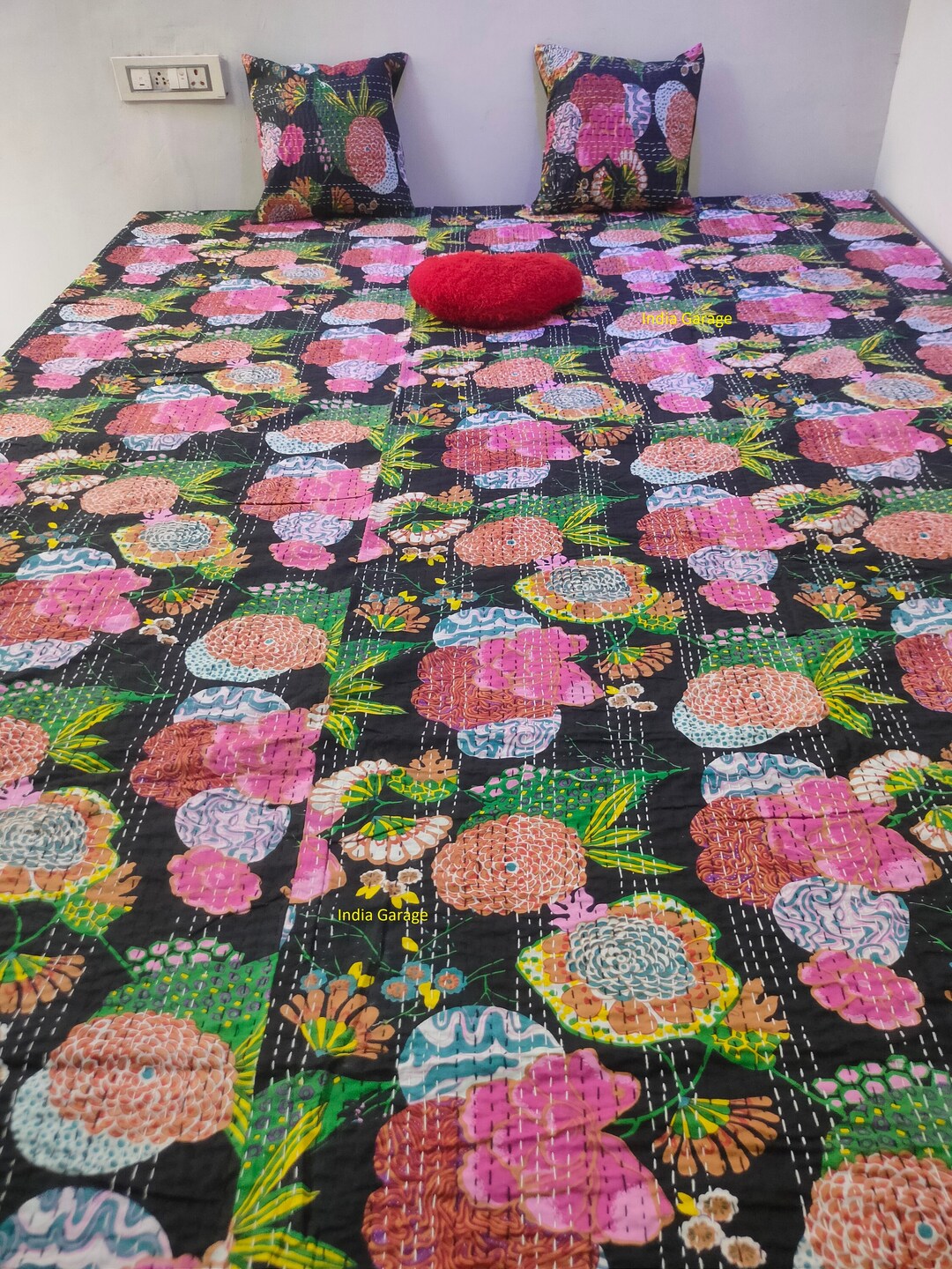 Kantha Quilts Bohemian Indian Floral Print Blanket Boho Décor Double ...