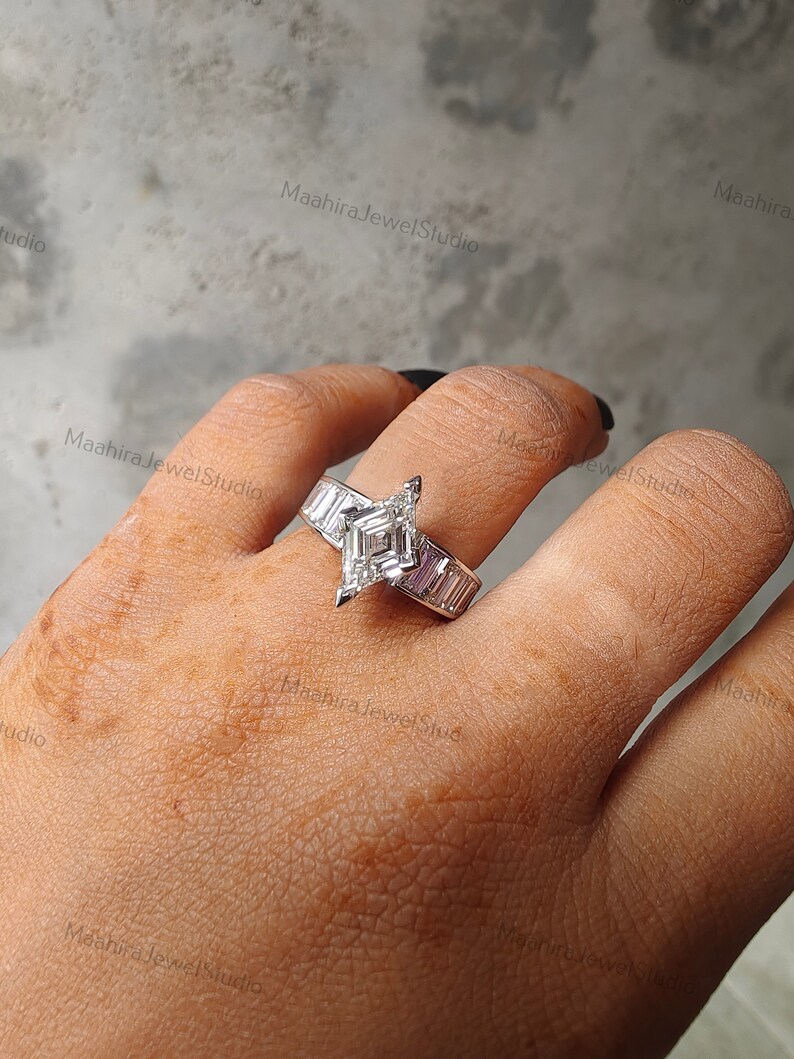 2CT Lozenge Cut Lab Grown Diamond With Channel Set Baguette Engagement ...