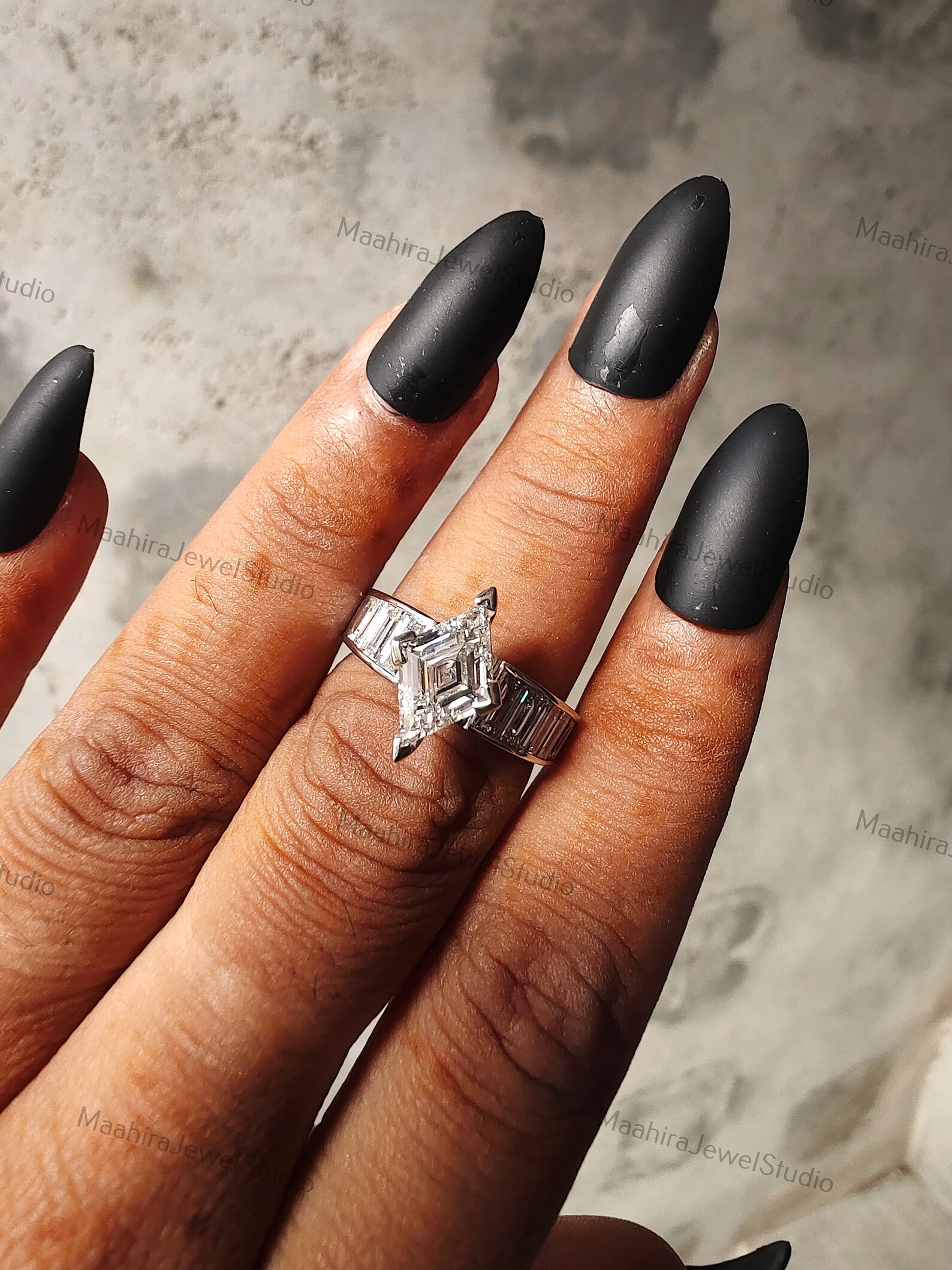 2CT Lozenge Cut Lab Grown Diamond With Channel Set Baguette Engagement ...