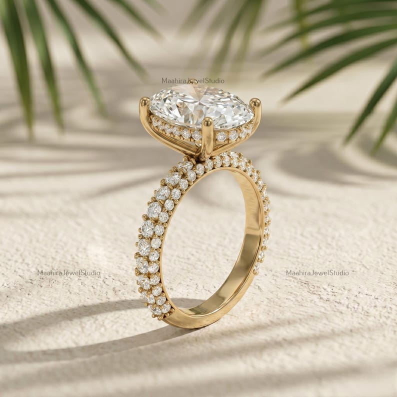 IGI Certified Oval Lab Diamond Engagement Ring, 14K Yellow Gold Pave ...