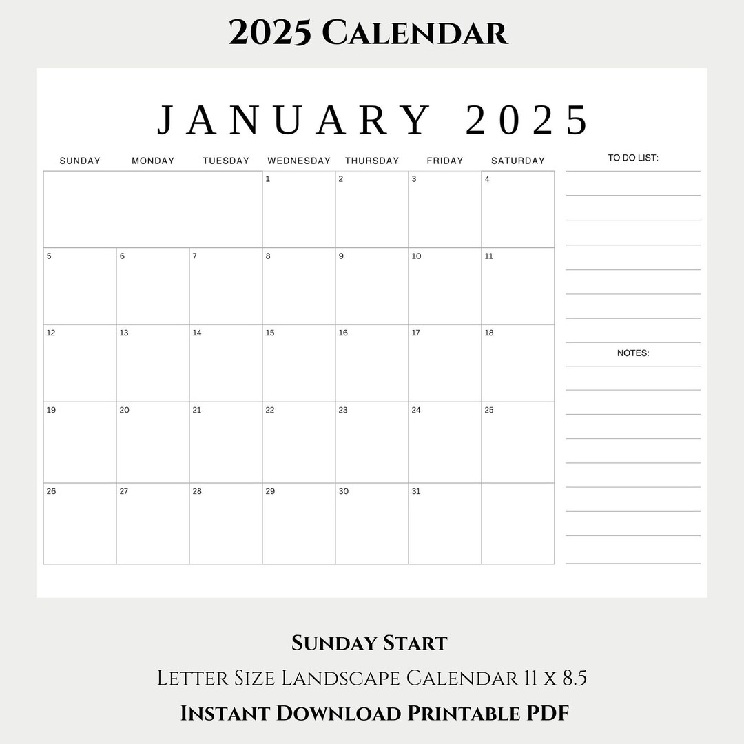2025 Calendar With to Do List and Notes, Monthly Letter Size PDF ...