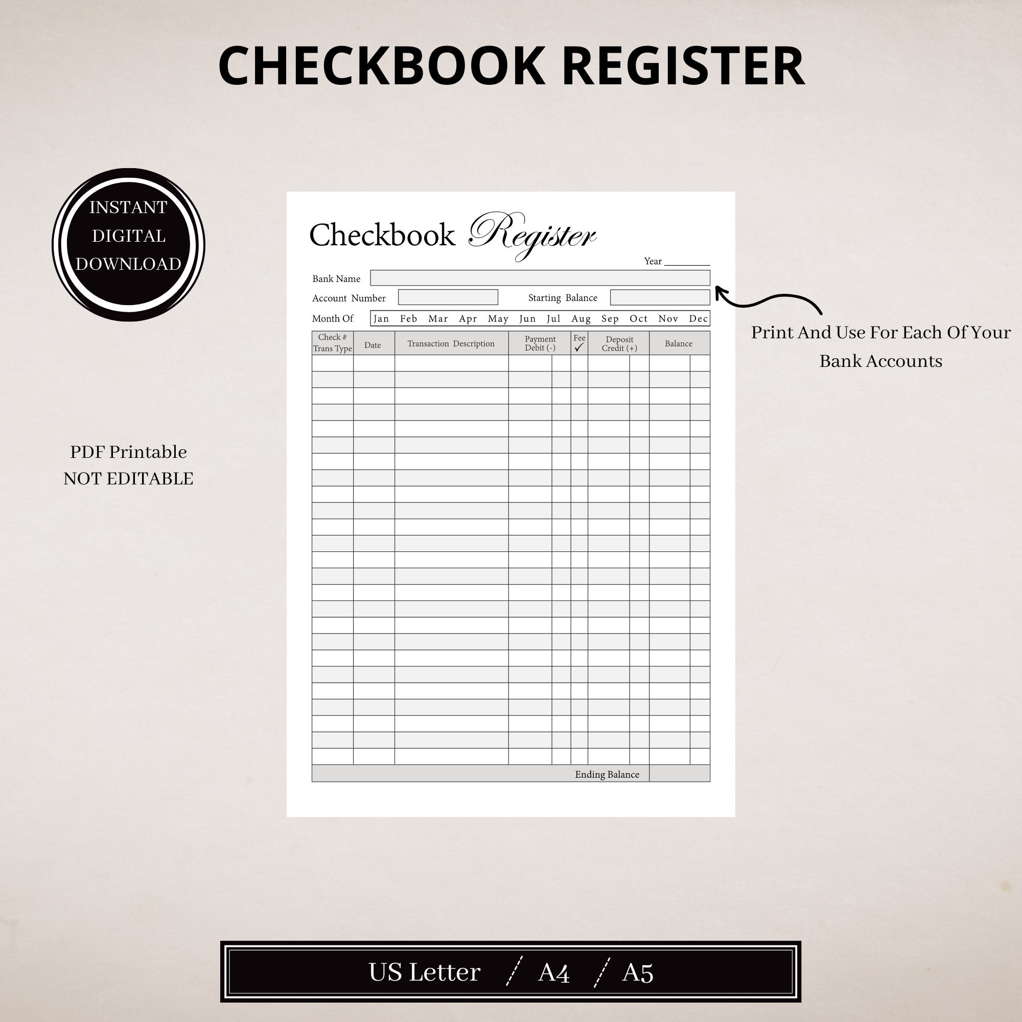 Printable Checkbook Register Template, Finance Log, Expense Tracker ...