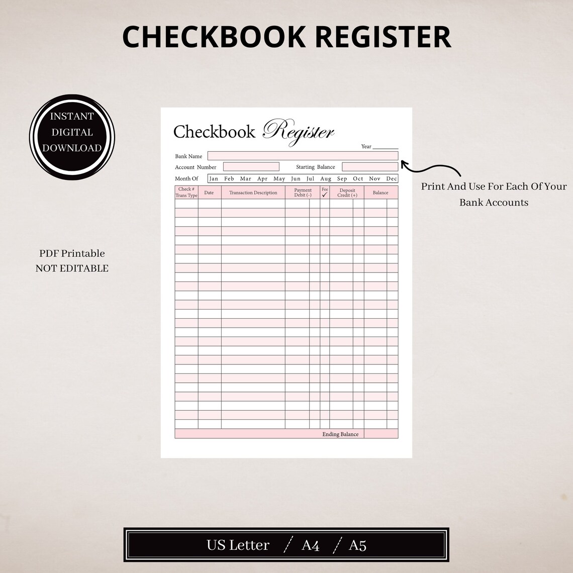 Printable Checkbook Register Template, Finance Log, Expense Tracker ...