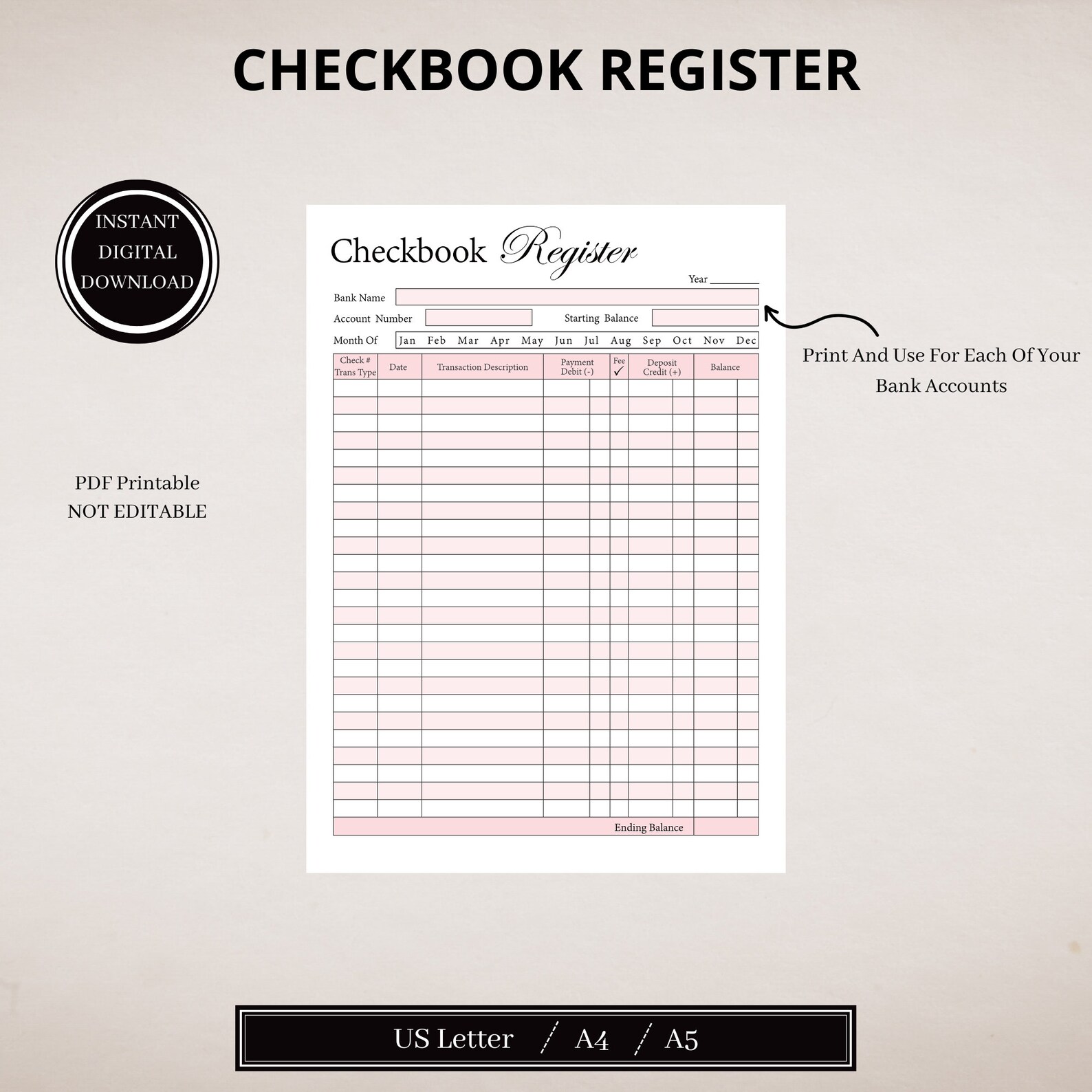 Printable Checkbook Register Template, Finance Log, Expense Tracker ...