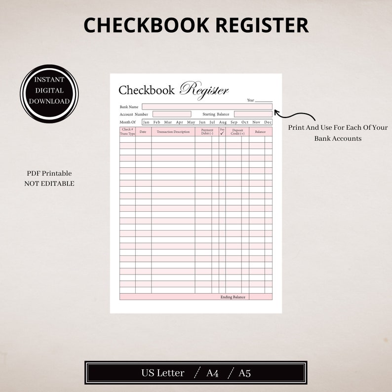 Printable Checkbook Register Template, Finance Log, Expense Tracker ...