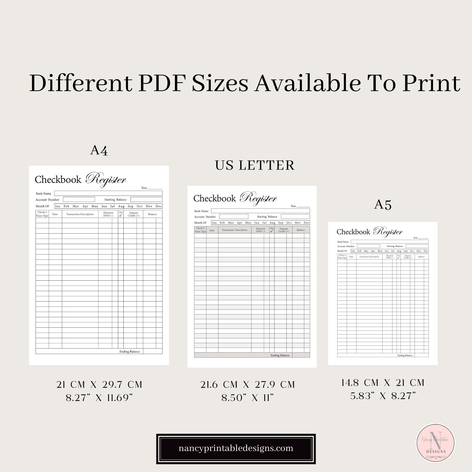 Printable Checkbook Register Template, Finance Log, Expense Tracker ...