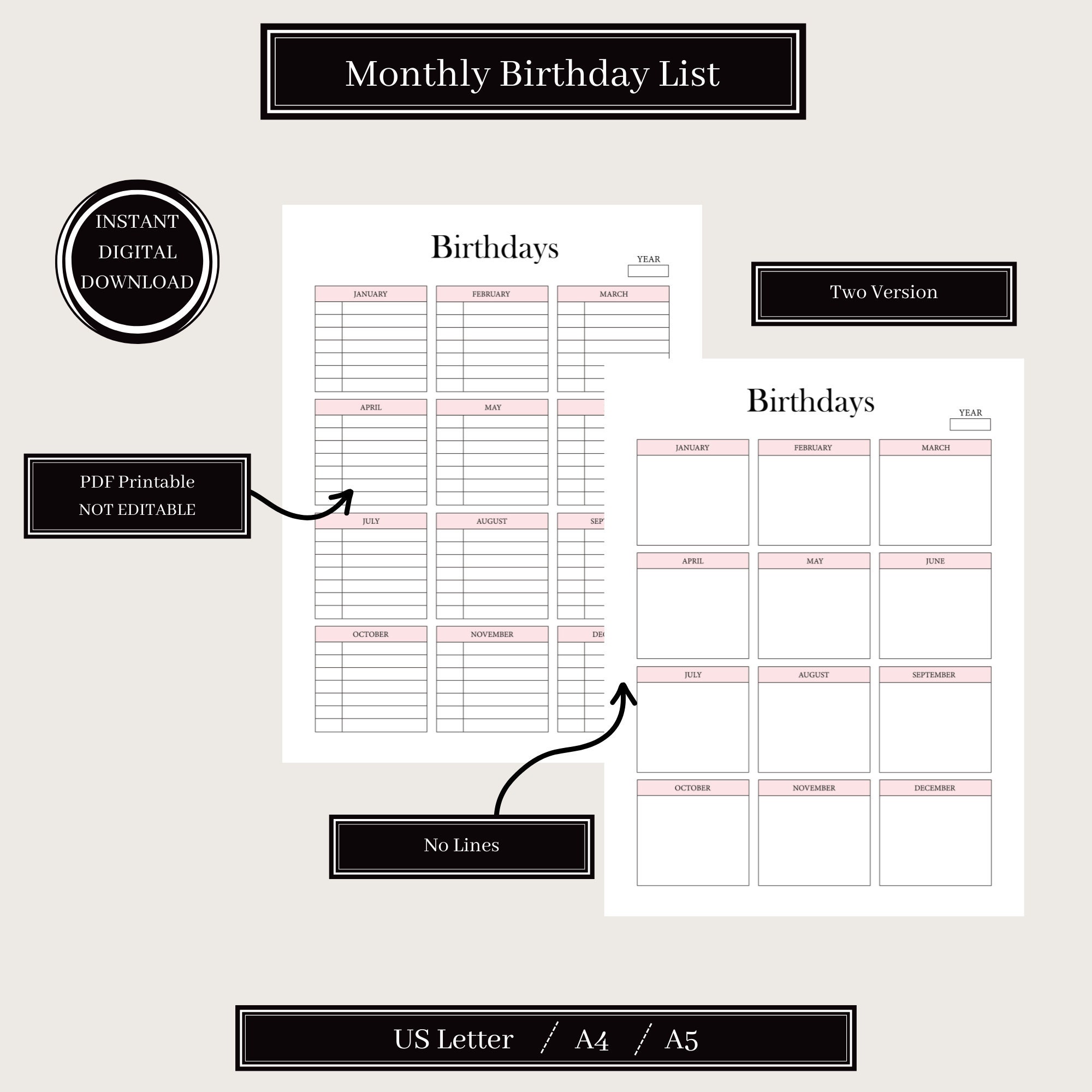 Birthday Tracker, Printable Monthly Birthday List Planner, Monthly ...