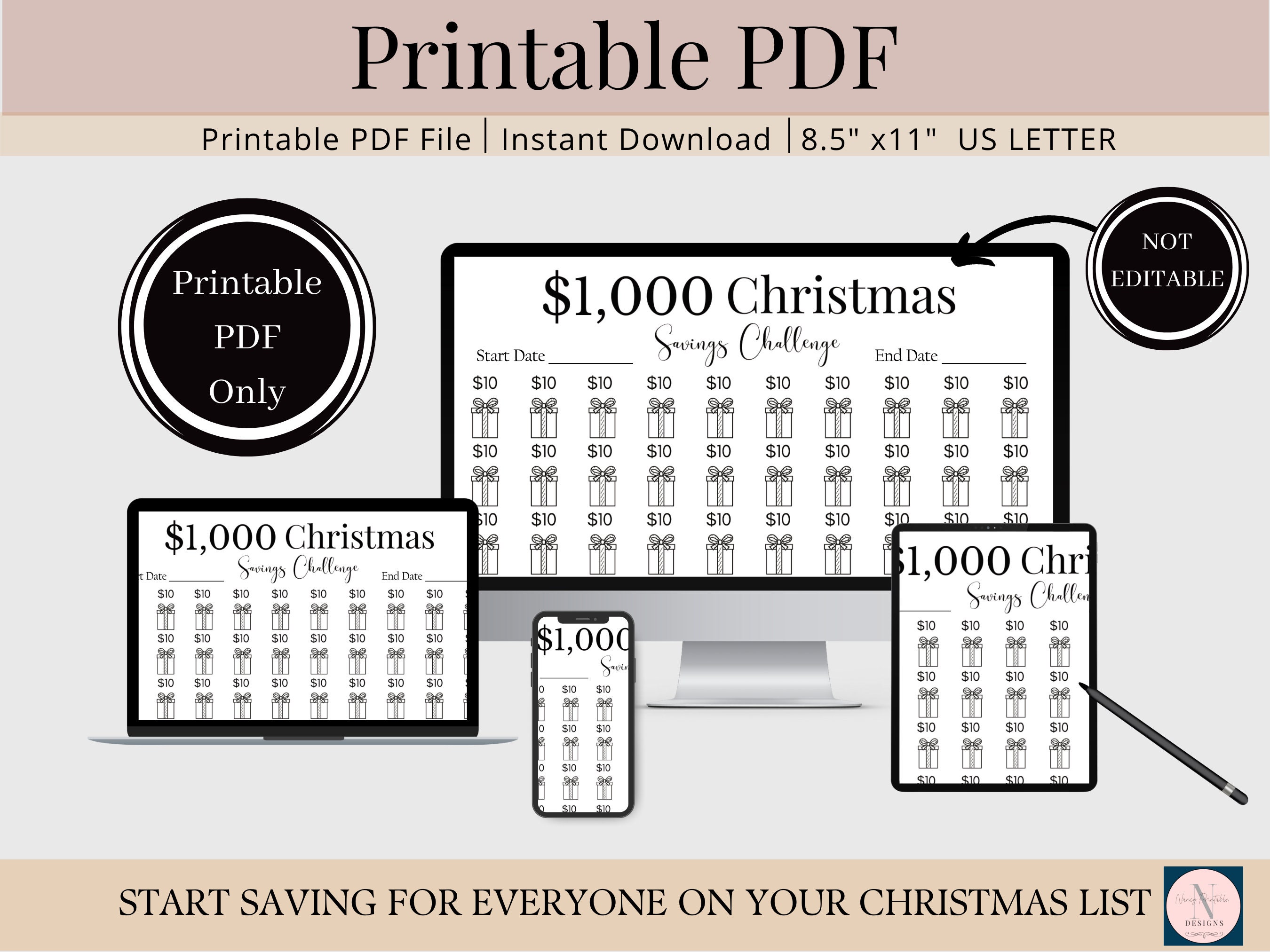 1000 Christmas Savings Challenge With Shade, Savings Tracker, 1k ...