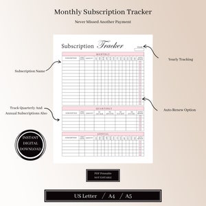 Monthly Subscription Tracker, Printable Budget Tracker, Spending ...