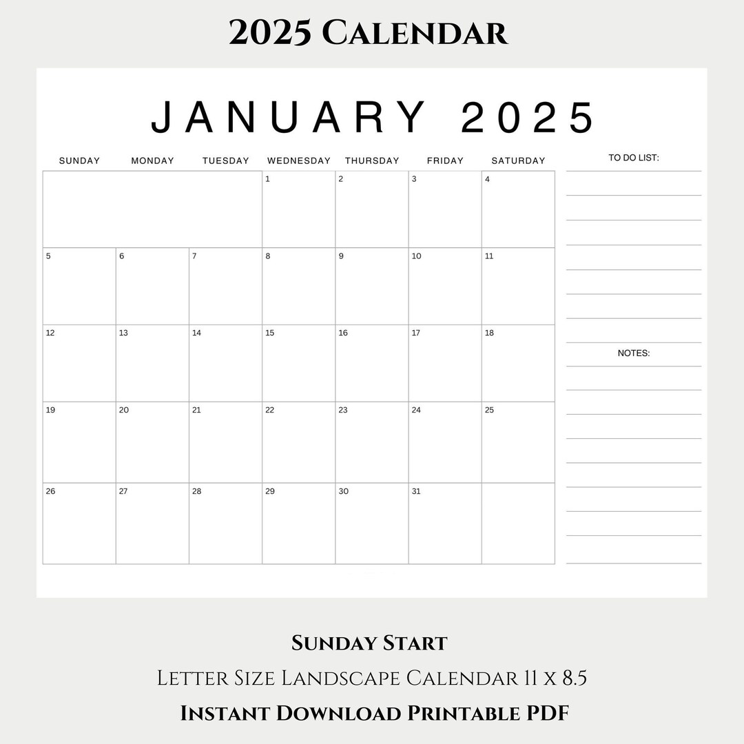 2025 Calendar With to Do List and Notes, Monthly Letter Size PDF ...