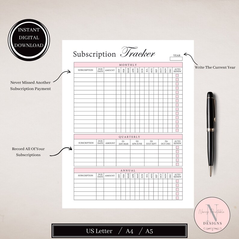 Monthly Subscription Tracker, Printable Budget Tracker, Spending ...