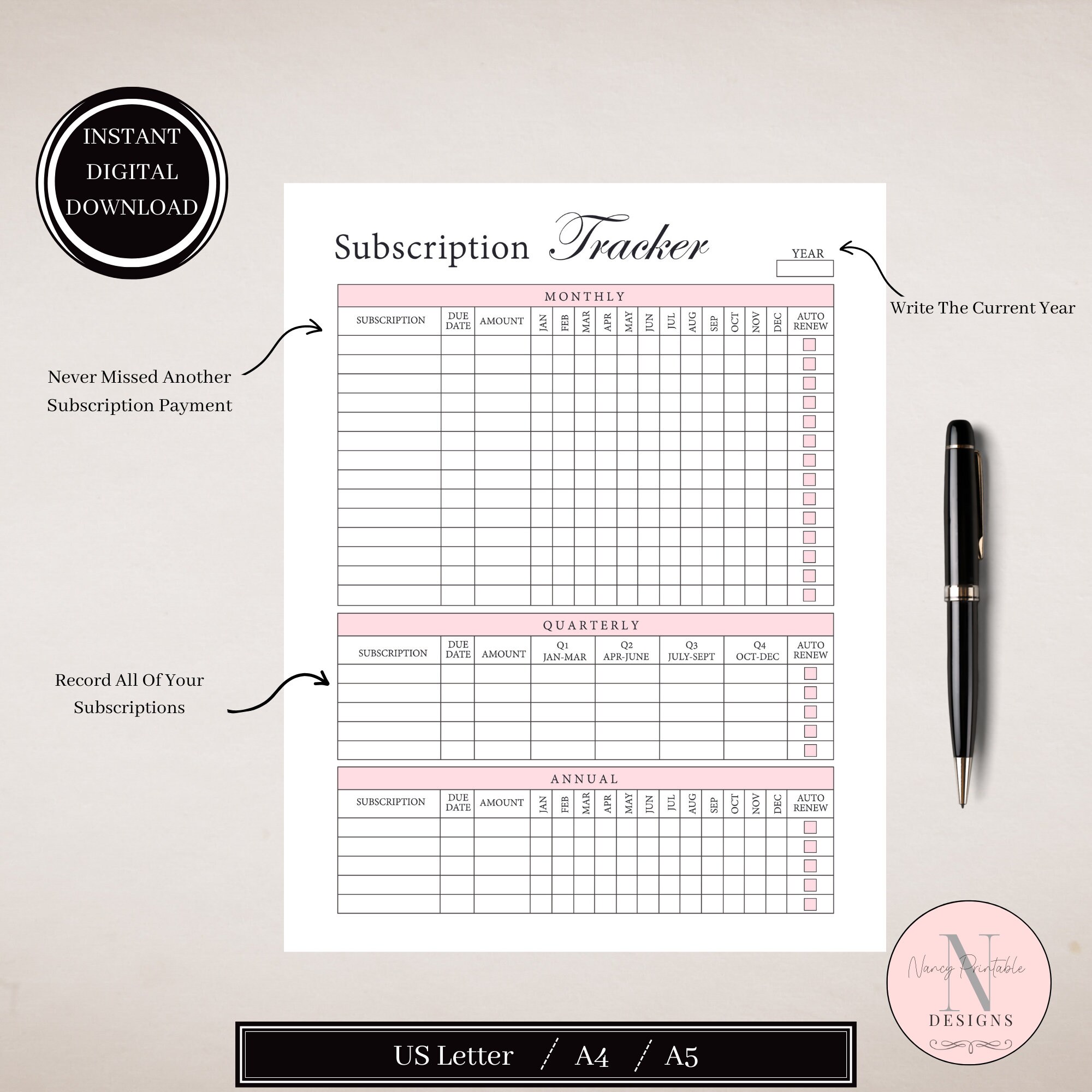Monthly Subscription Tracker, Printable Budget Tracker, Spending ...