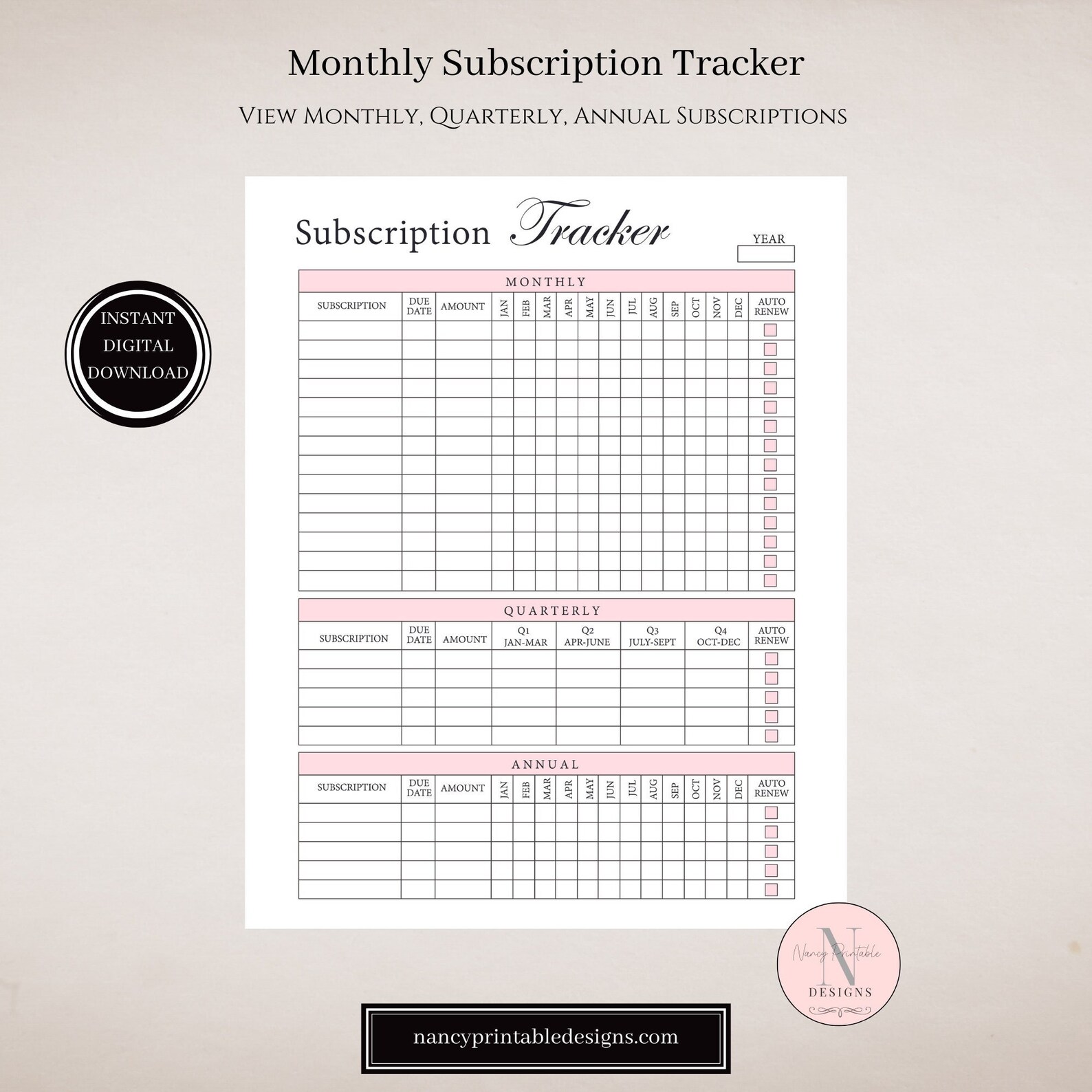 Monthly Subscription Tracker, Printable Budget Tracker, Spending ...