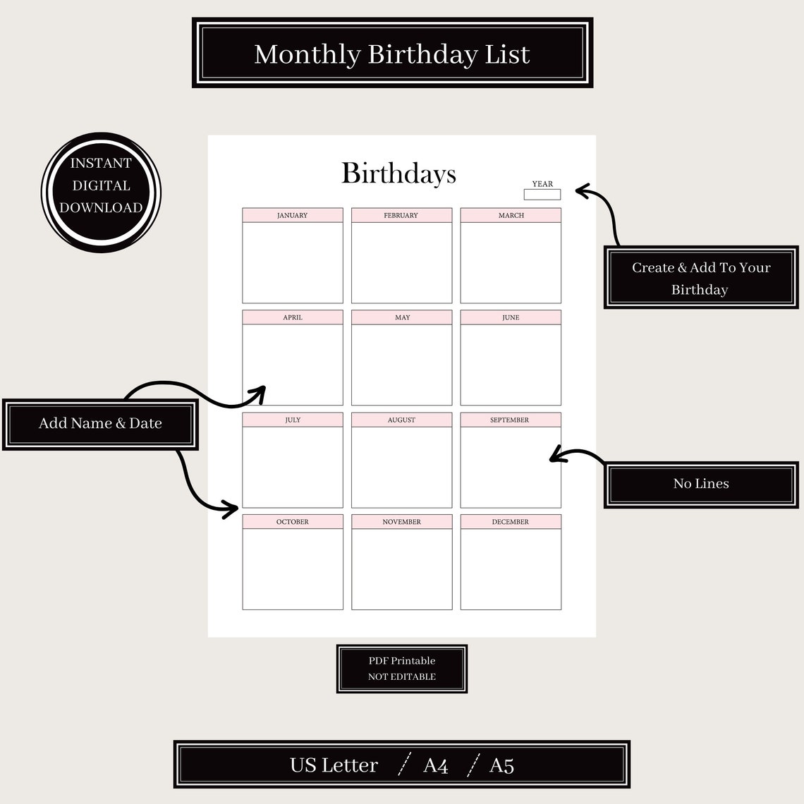 Birthday Tracker, Printable Monthly Birthday List Planner, Monthly ...