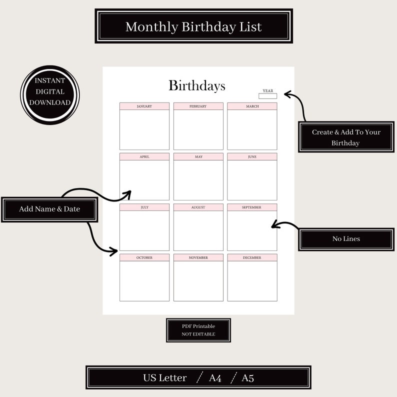 Birthday Tracker, Printable Monthly Birthday List Planner, Monthly ...