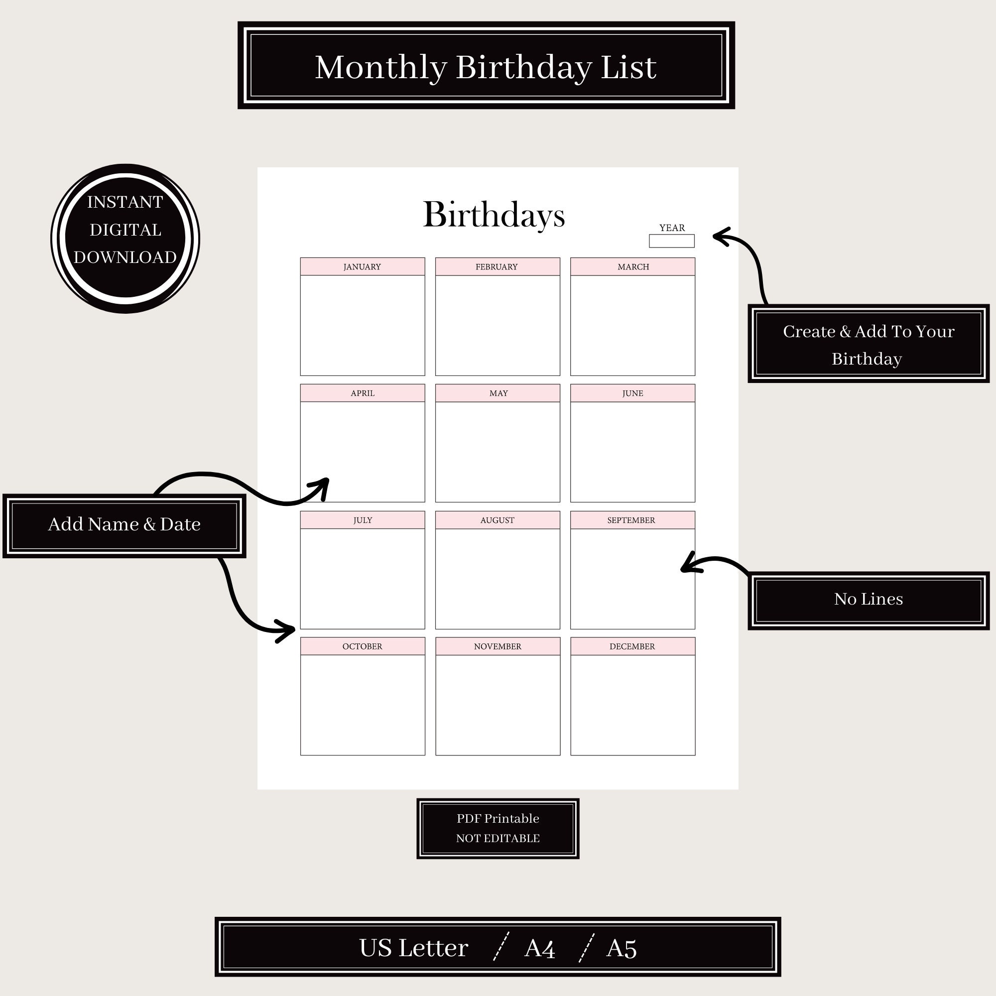 Birthday Tracker, Printable Monthly Birthday List Planner, Monthly ...