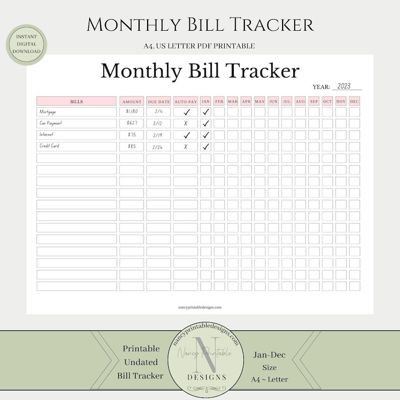 Monthly Bill Tracker, Printable Bill Pay Tracker, Yearly Bill Pay ...