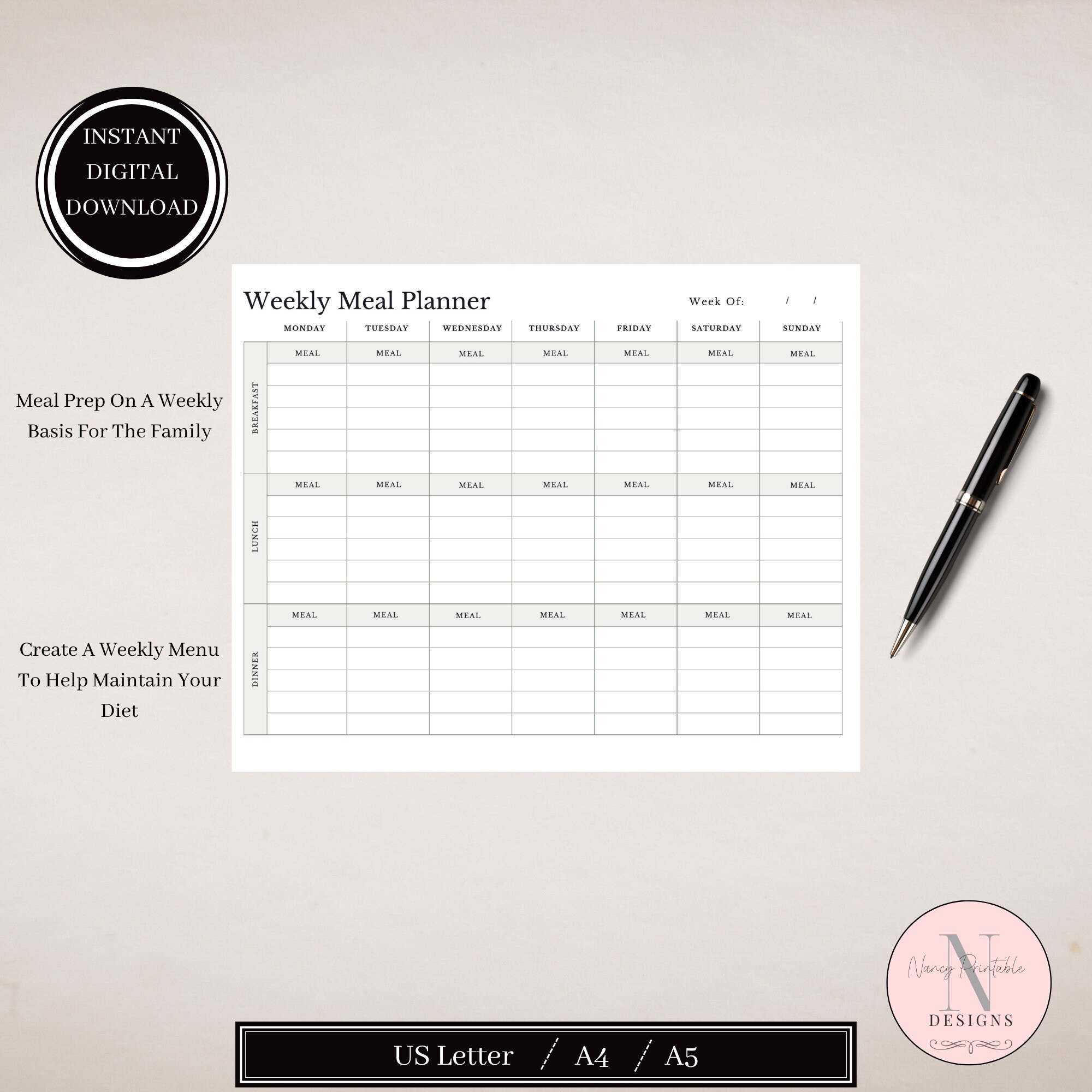 Printable Weekly Meal Planner Menu Board, Digital Kitchen Grocery Meal ...