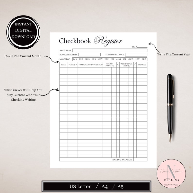 Printable Checkbook Register Template Sheet Digital Check - Etsy