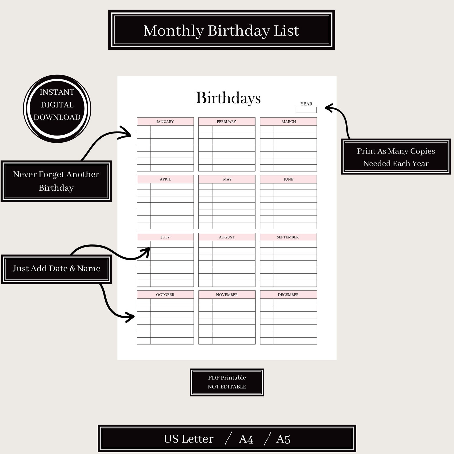 Birthday Tracker, Printable Monthly Birthday List Planner, Monthly ...