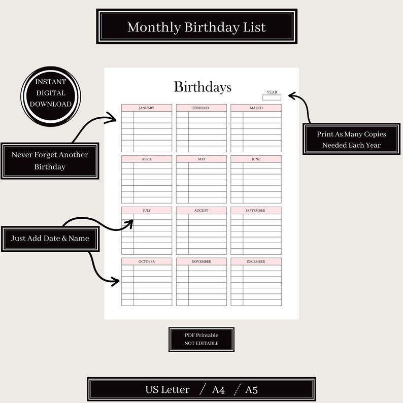Birthday Tracker, Printable Monthly Birthday List Planner, Monthly ...